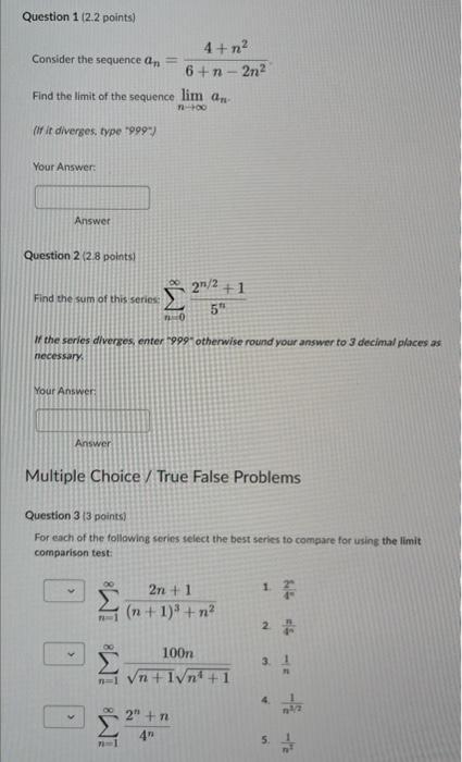 Solved Consider the sequence an=6+n−2n24+n2 Find the limit | Chegg.com