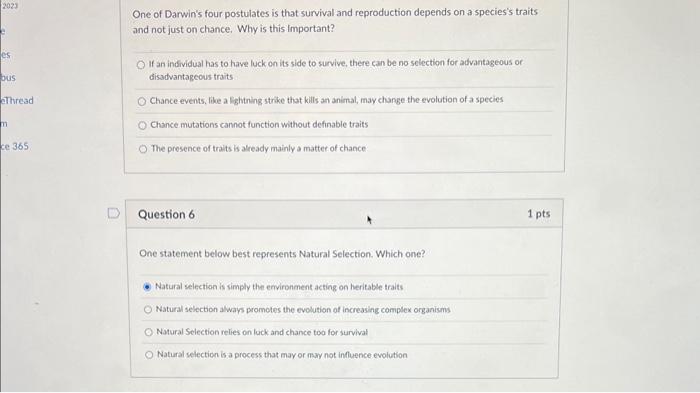 Solved One of Darwin's four postulates is that survival and | Chegg.com