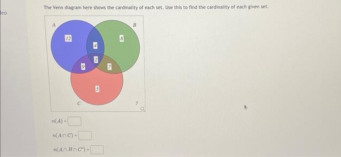 Solved The Venn diagram here shows the cardinality of each | Chegg.com