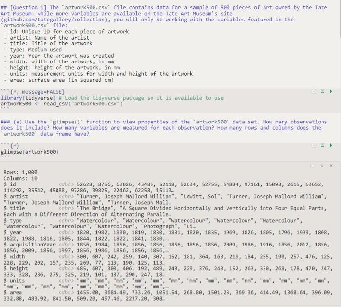 Solved ## (Question 1] The artwork500.csv file contains data | Chegg.com
