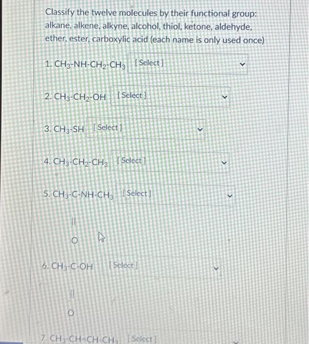 Solved Classify the twelve molecules by their functional | Chegg.com