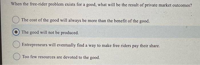 Solved When the free-rider problem exists for a good, what | Chegg.com