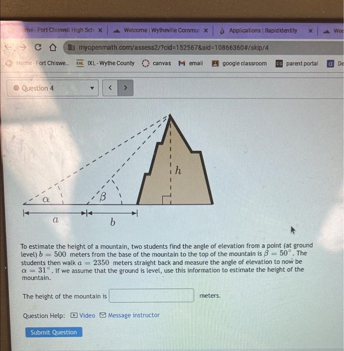 Solved To estimate the height of a mountain, two students | Chegg.com