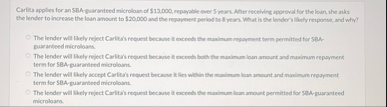 Solved Carlica applies for an SBA-guaranteed microlloan of | Chegg.com
