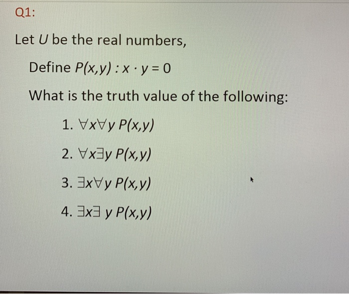 Solved Q1: Let U be the real numbers, Define P(x,y) : x.y = | Chegg.com