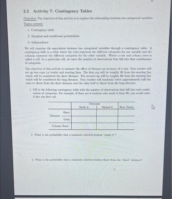 Solved 2.2 Activity 7: Contingency Tables Objective: The | Chegg.com