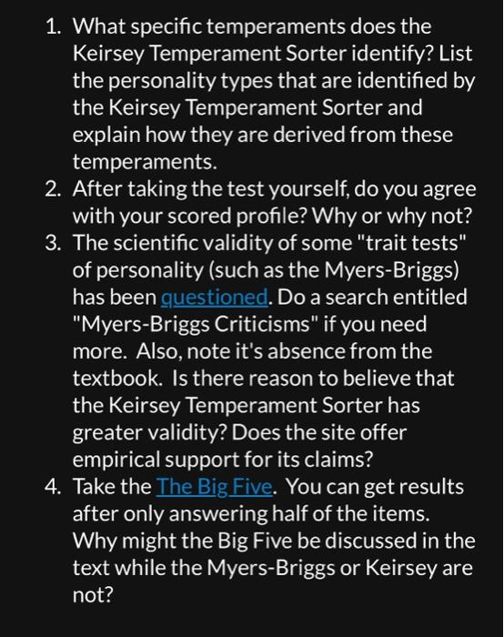 Solved 1. What specific temperaments does the Keirsey | Chegg.com