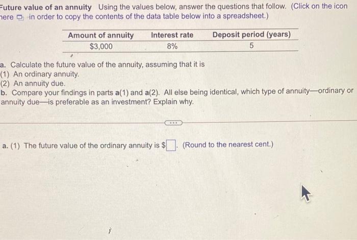 Solved Future value of an annuity Using the values below, | Chegg.com