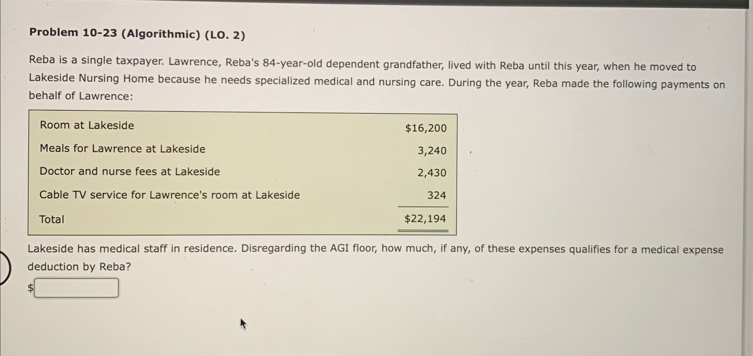 Problem 10-23 (Algorithmic) (LO. 2)Reba is a single | Chegg.com