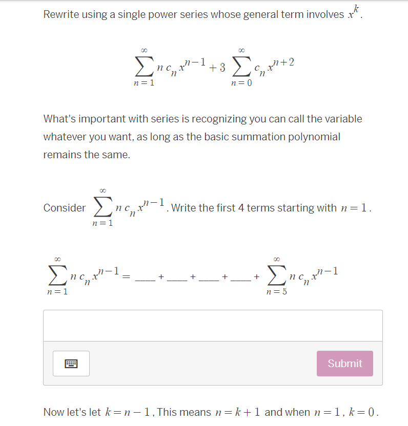 Rewrite using a single power series whose general | Chegg.com