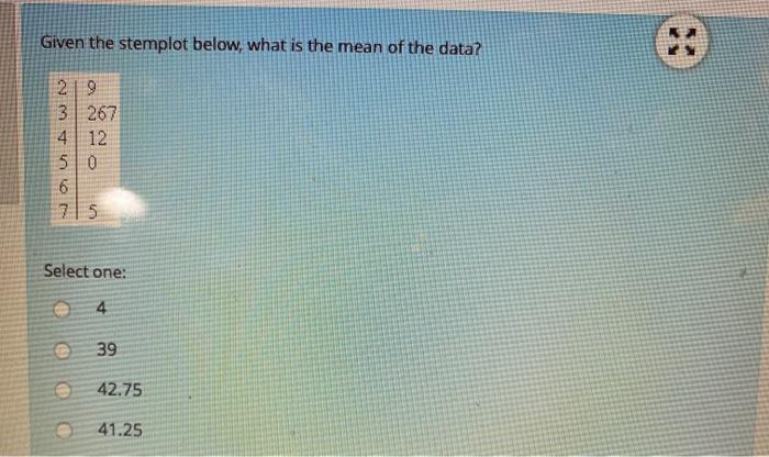 Solved Given the stemplot below, what is the mean of the | Chegg.com