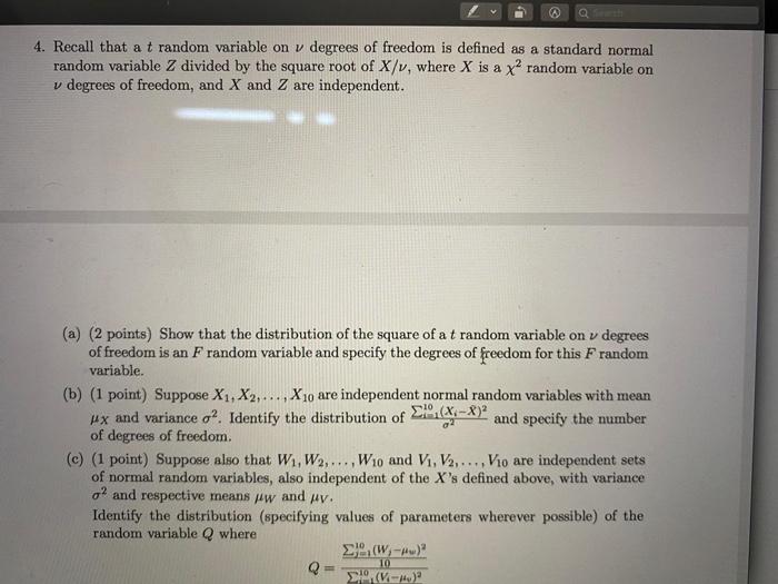 Solved 4. Recall that a t random variable on v degrees of | Chegg.com