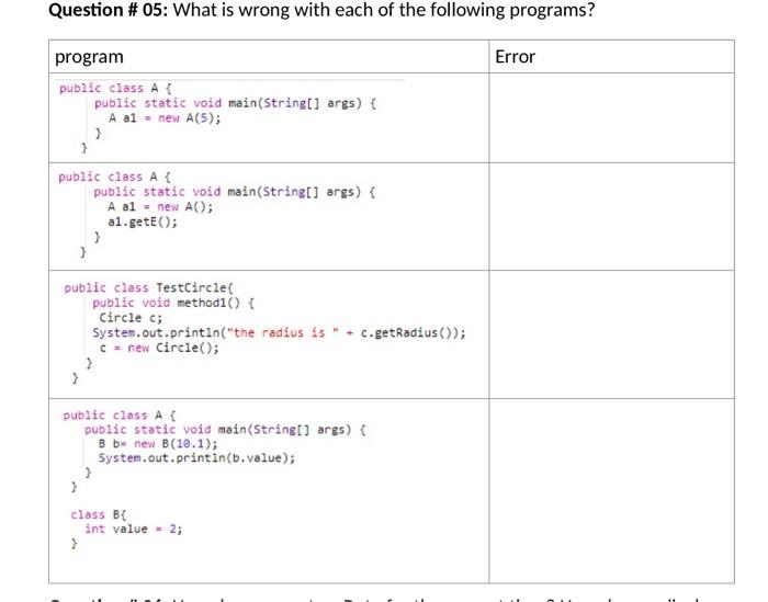 Solved Question # 05: What is wrong with each of the | Chegg.com