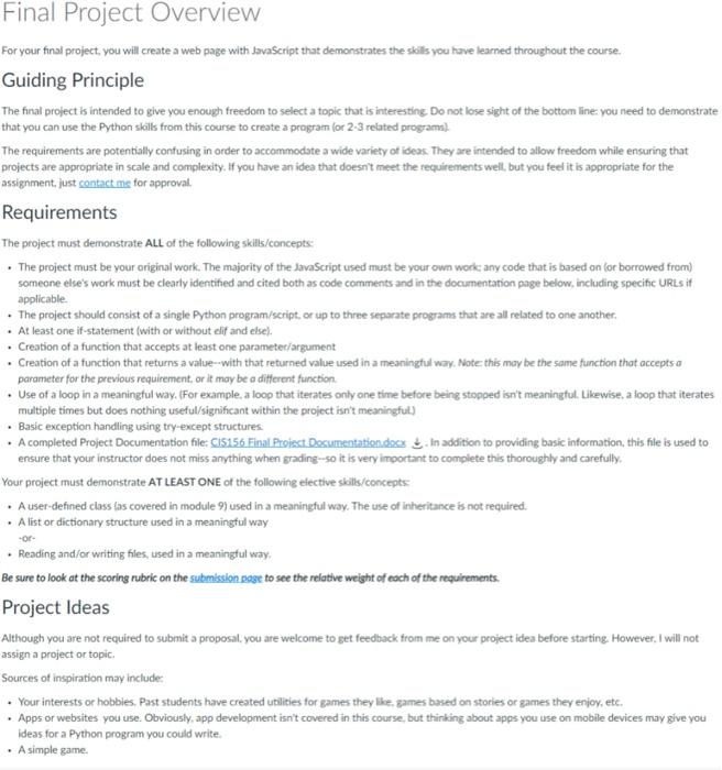 Final Project Overview For your final project, you | Chegg.com