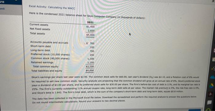 Solved Excel Activity: Calculating the waCc Here is the | Chegg.com