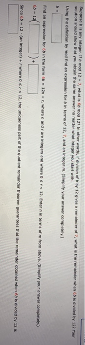 Solved Suppose bis any integer. If b mod 12 = 7, what is 6 | Chegg.com