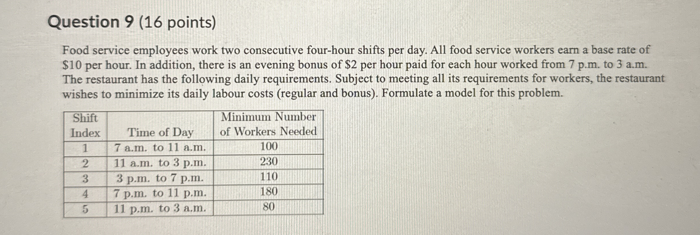 Solved Question 9 (16 ﻿points)Food service employees work | Chegg.com