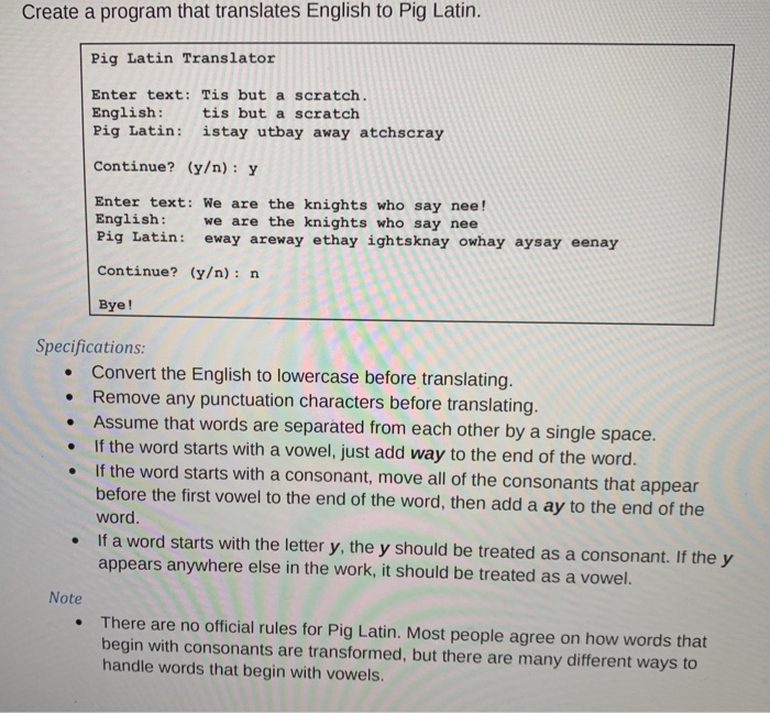 Solved Create a program that translates English to Pig | Chegg.com