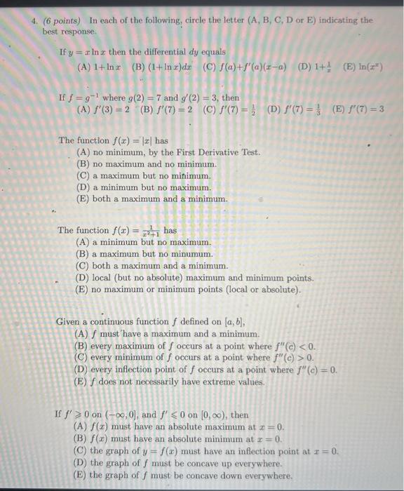 Solved 4. (6 points) In each of the following, circle the | Chegg.com