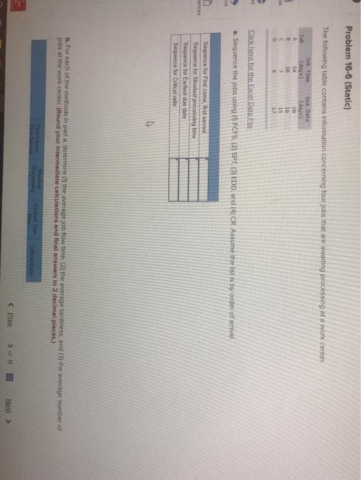 Solved Problem 16-6 (Static) The following table contains | Chegg.com