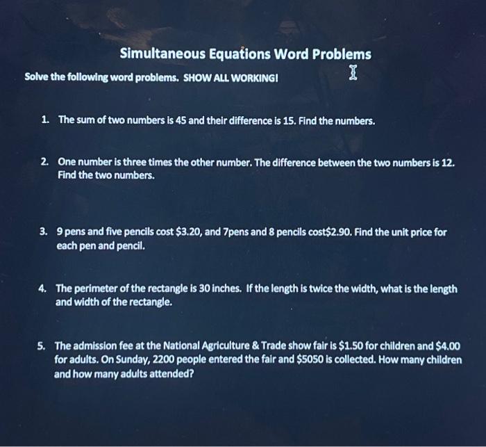 Solved Simultaneous Equations Word Problems Solve the | Chegg.com