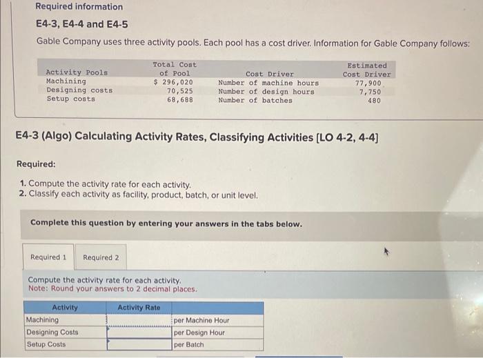 Solved E4-3, E4-4 and E4-5 Gable Company uses three activity | Chegg.com