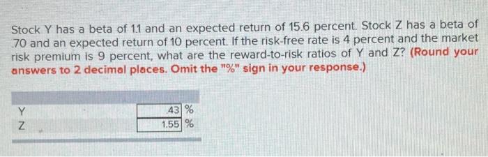 Solved Stock Y has a beta of 11 and an expected return of | Chegg.com