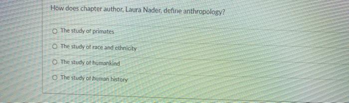 Solved How does chapter author, Laura Nader, define | Chegg.com