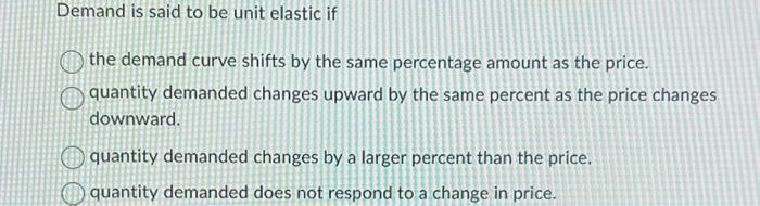 Solved Demand is said to be unit elastic if the demand curve | Chegg.com