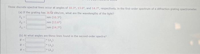 Solved Three discrete spectral lines occur at angles of | Chegg.com