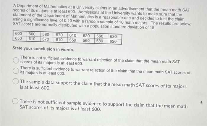 Solved A Department of Mathematics at a University claims in | Chegg.com