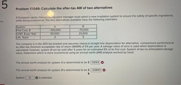 Solved Problem 17 049 Calculate The After Tax Aw Of Two