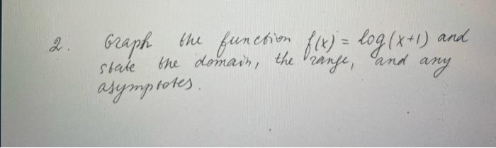 Solved 2. Graph the function f(x)=log(x+1) and state the | Chegg.com