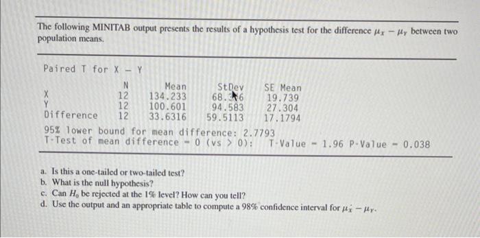 Solved The following MINITAB output presents the results of | Chegg.com