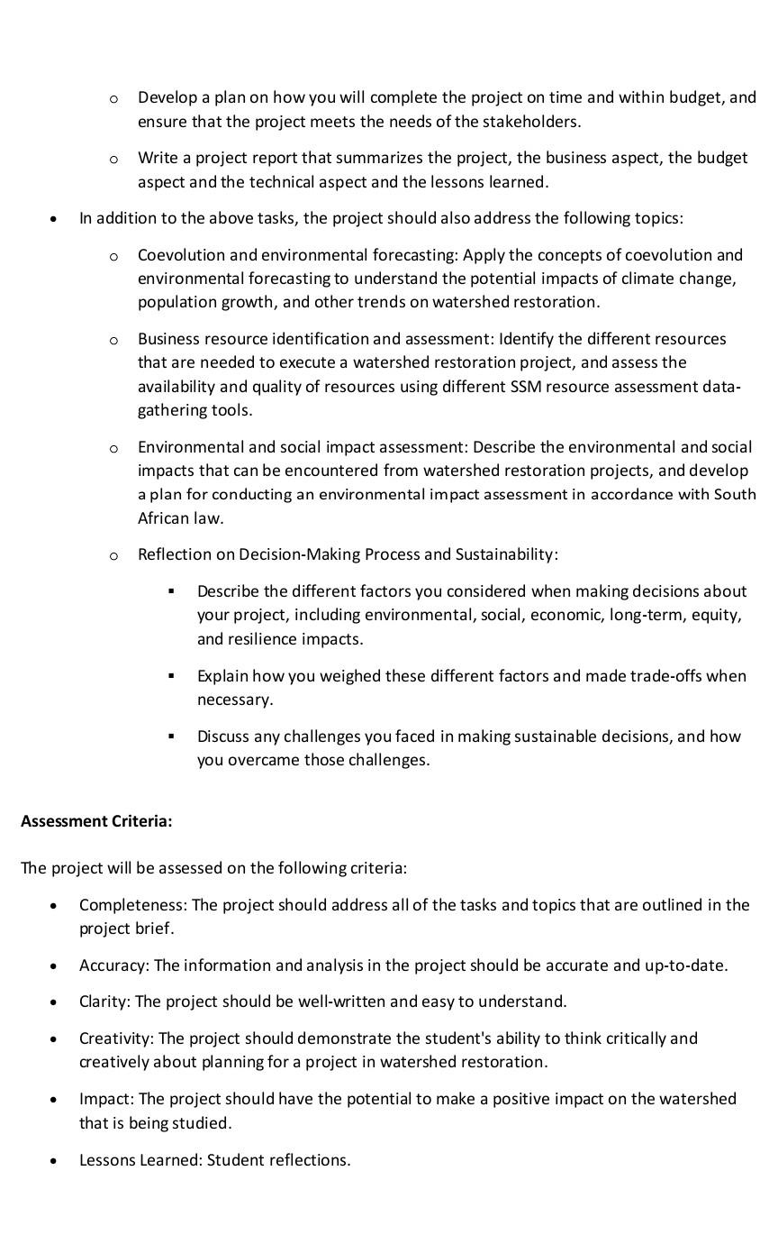 Solved Project Brief Project Title: Watershed Restoration | Chegg.com