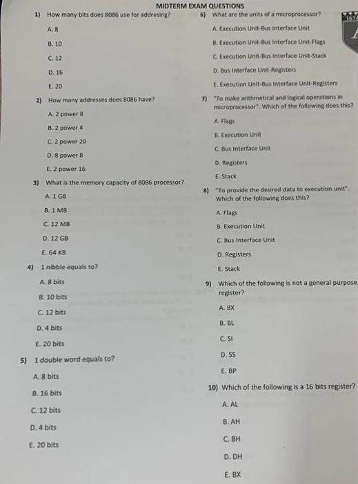 Solved MIDTERM EXAM QUESTIONS 1) How many bits does 8086 use | Chegg.com