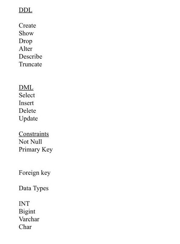 Solved DDL Create Show Drop Alter Describe Truncate DML | Chegg.com