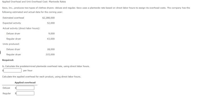 Applied Overhead and Unit Overhead Cost: Plantwide | Chegg.com