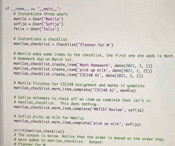 Solved 1 A checklist has a name (str) and a list of | Chegg.com