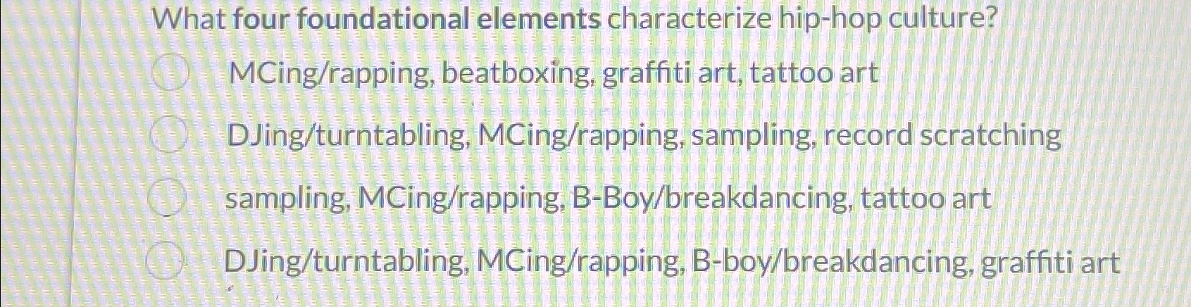 Solved What four foundational elements characterize hip-hop | Chegg.com