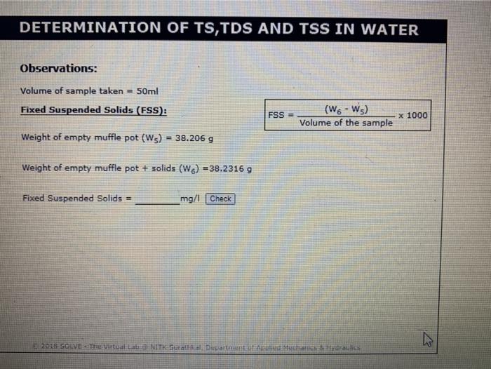 Solved DETERMINATION OF TS, TDS AND TSS IN WATER | Chegg.com