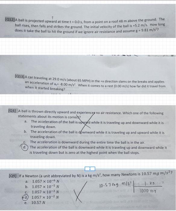 Solved [Q12] A ball is projected upward at time t=0.0 s, | Chegg.com
