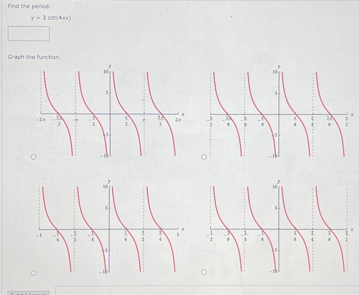 Solved Find the period. y=3cot(4πx) Graph the function. | Chegg.com