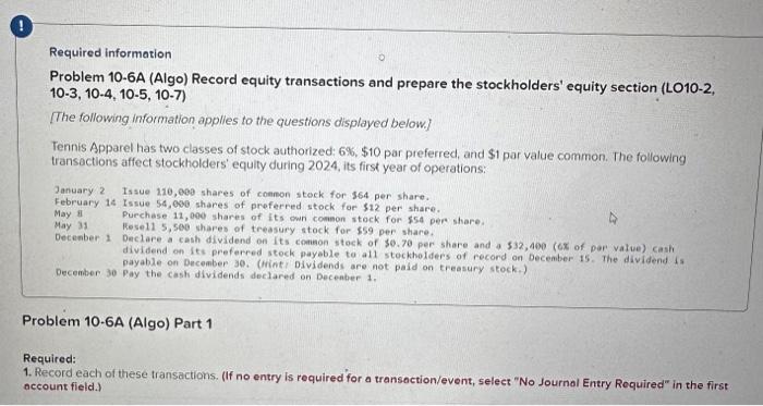 Solved Required information Problem 10-6A (Algo) Record | Chegg.com