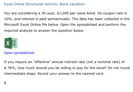 Solved Excel Online Structured Activity: Bond valuationYou | Chegg.com