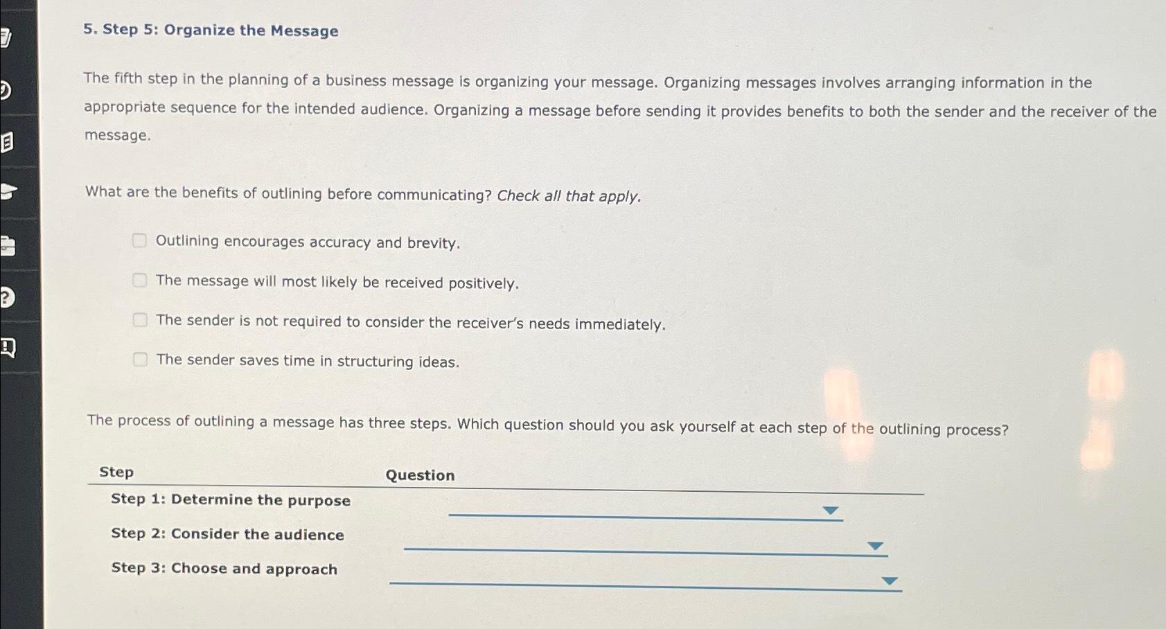 Solved Step 5: Organize the MessageThe fifth step in the | Chegg.com