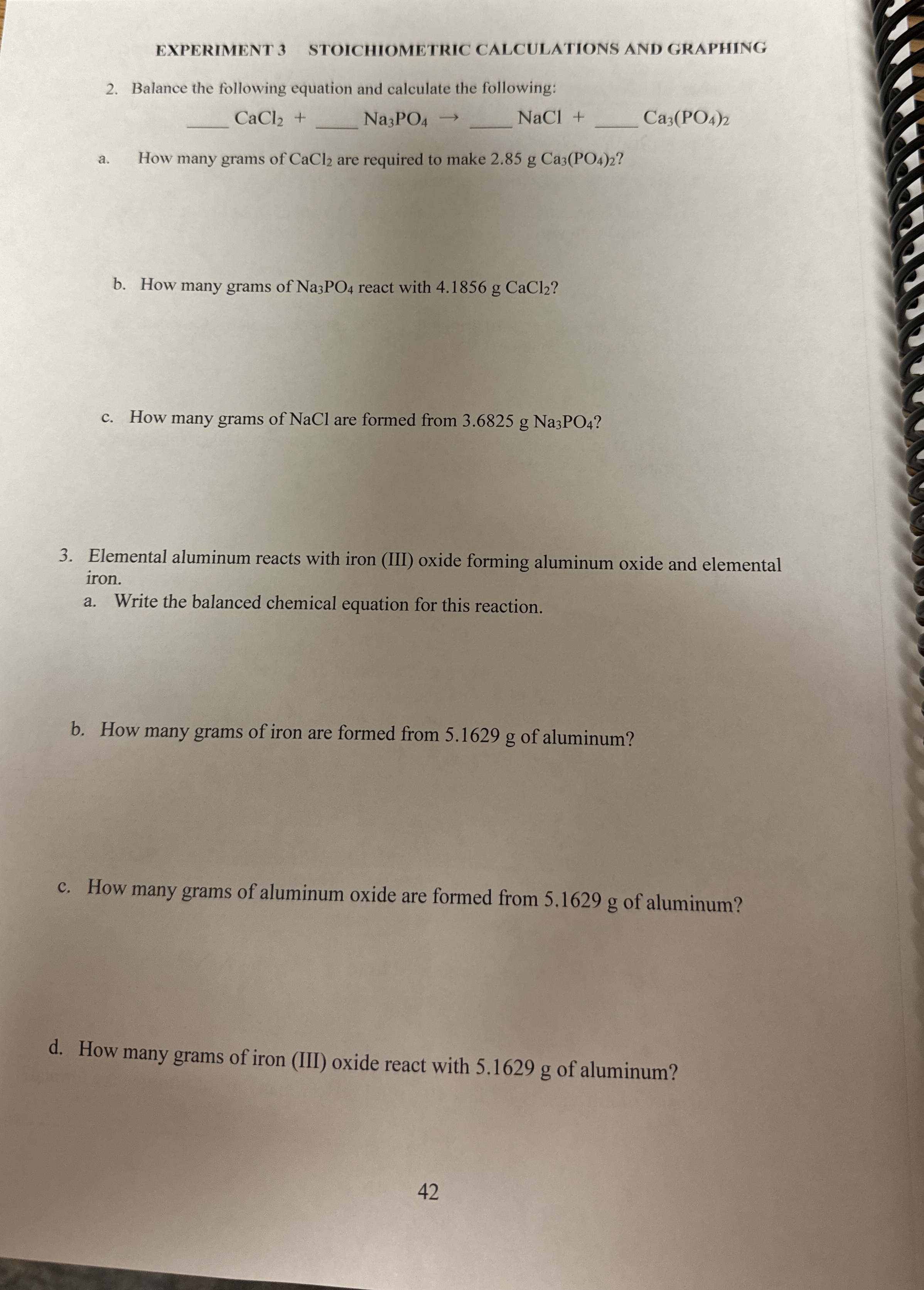 Solved EXPERIMENT 3 ﻿STOICHIOMETRIC CALCULATIONS AND | Chegg.com