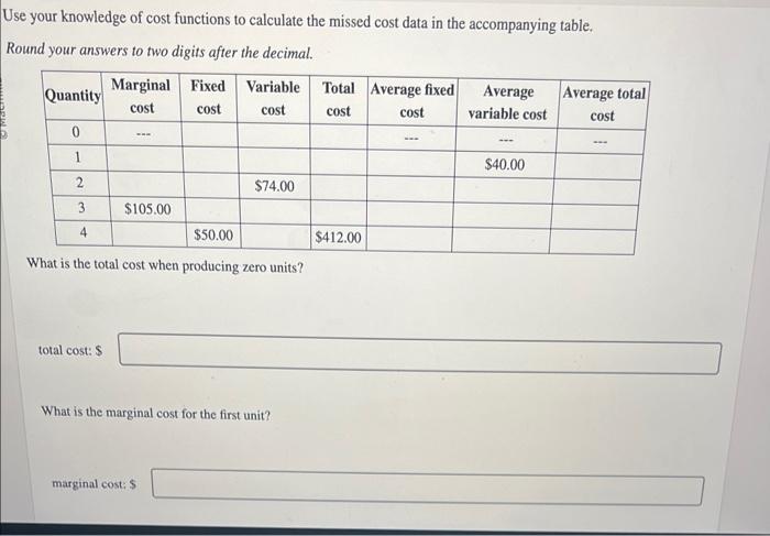 Solved Jse your knowledge of cost functions to calculate the | Chegg.com