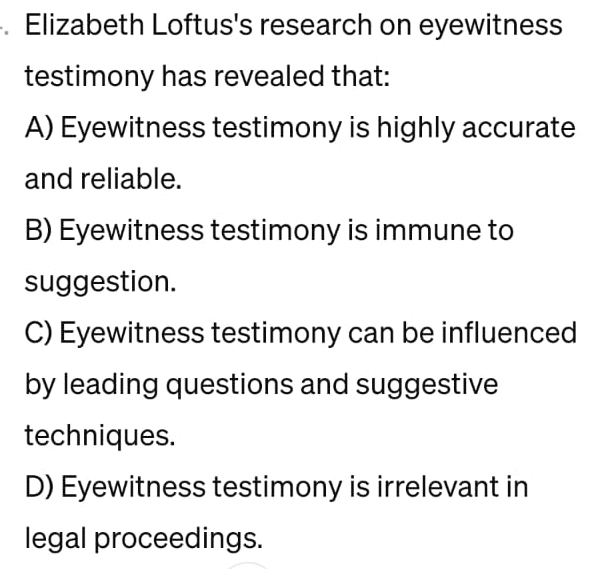 Solved Elizabeth Loftus's research on eyewitness testimony | Chegg.com