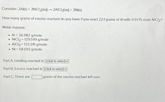 Solved Consider: 2Al(s) + 3NiCl2(aq) → 2AlCl3(aq) + 3Ni(s) | Chegg.com